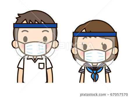 Male and female students wearing masks and face... - Stock Illustration ...