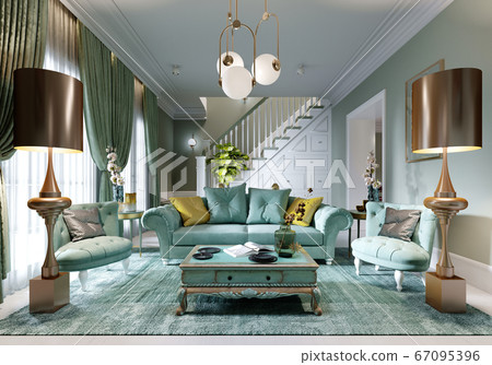 Luxury living room interior in mint colors. Art - Stock Illustration ...