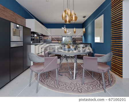 Luxurious multi-colored kitchen with dining tables - Stock Illustration ...