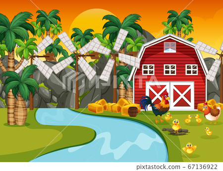 Farm scene in nature with barn and river and - Stock Illustration ...