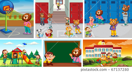 Set of animal student at school background - Stock Illustration ...