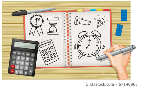 Close up hand writing a clock on notebook with - Stock Illustration ...