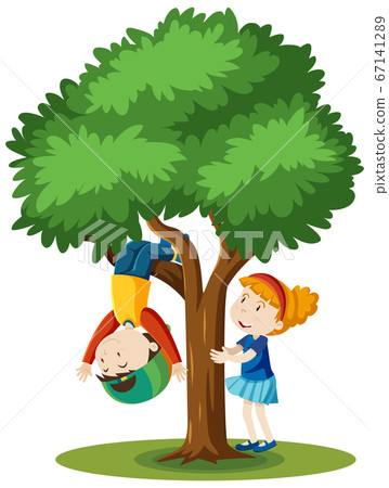 Two kids are climbing the tree cartoon style - Stock Illustration ...
