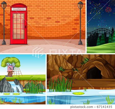 Four different scenes in nature setting cartoon - Stock Illustration ...