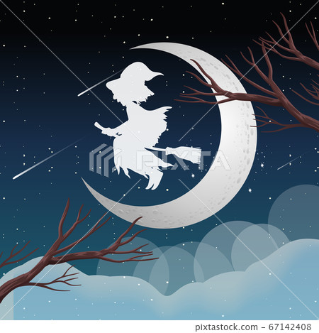 Witch or wizard riding broomstick in silhouetteon - Stock Illustration ...