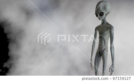 Scary gray alien walks and looks blinking on a - Stock Illustration ...