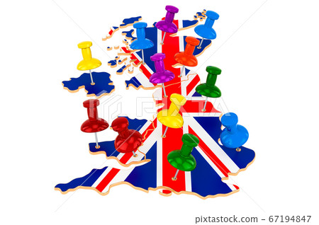 Map of the United Kingdom with colored push pins - Stock Illustration ...