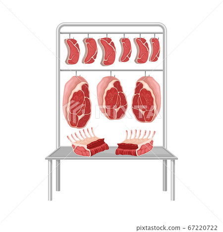 Beef Steaks and Slabs Hanging on Metal Hooks... - Stock Illustration ...