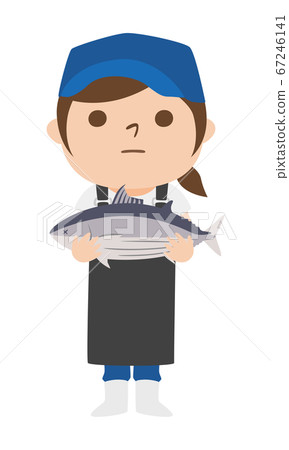Illustration of a female fishmonger holding a... - Stock Illustration ...