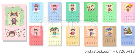 Calendar 2021. Cute bull and cow for every month - Stock Illustration ...