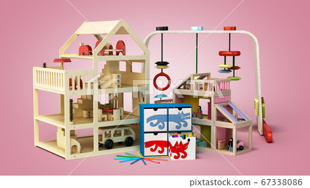 wooden toys for children 3d render on a color - Stock Illustration ...