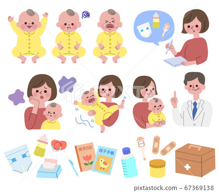 Mother taking care of baby and doctor set... - Stock Illustration ...