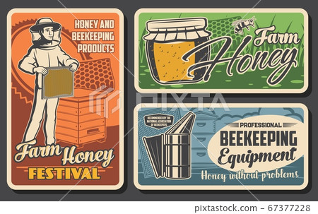 Beekeeper, beekeeping apiary, honey retro posters - Stock Illustration ...