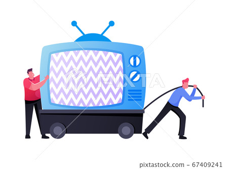 Tiny Male Characters Moving Old Television on... - Stock Illustration ...
