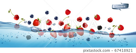 Fresh fruits and berries splashing in water waves - Stock Illustration ...