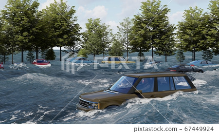 flooded road during a flood caused by heavy... - Stock Illustration ...