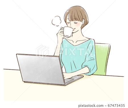 A woman drinking coffee in front of a computer - Stock Illustration ...