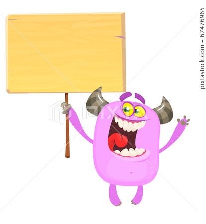 Cartoon monster holding wooden sign. Vector... - Stock Illustration ...