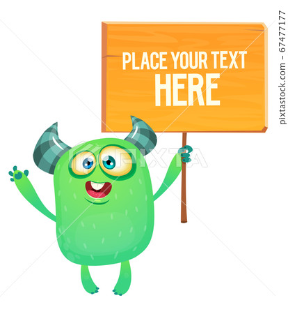Smiling Cute Cartoon Monster Character Holding... - Stock Illustration ...