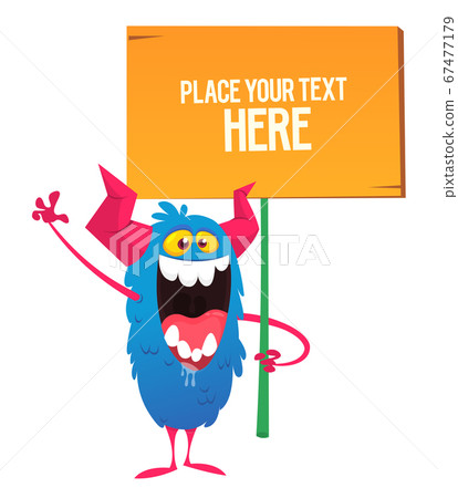 Smiling Cute Cartoon Monster Character Holding... - Stock Illustration ...