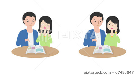 A young man and woman making a plan with two... - Stock Illustration ...