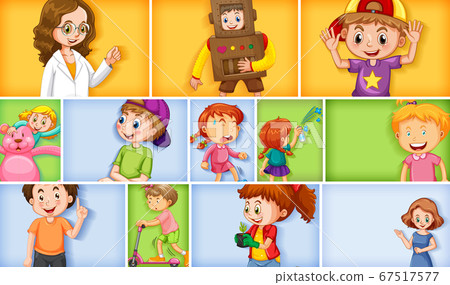 Set of different kid characters on different color - Stock Illustration ...