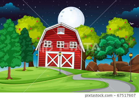 Farm scene with barn and long road at night - Stock Illustration ...