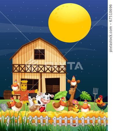 Farm scene with animal farm at night cartoon style - Stock Illustration ...