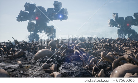 Military mech are walking on a battlefield... - Stock Illustration ...