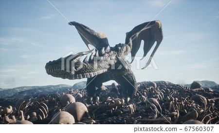 Realistic big dragon lands on scattered human... - Stock Illustration ...