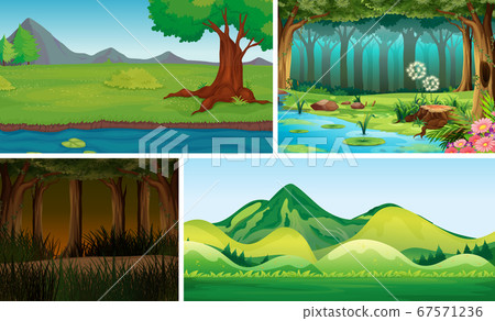 Four different nature scene of forest and swamp - Stock Illustration ...