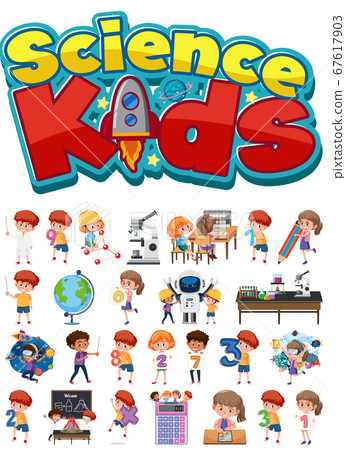 Science kids logo and set of children with - Stock Illustration ...