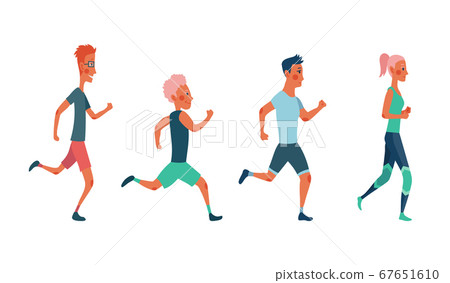 Men and women running marathon race. Group of... - Stock Illustration ...