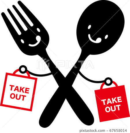 Smiley spoon and fork and TAKEOUT symbol on... - Stock Illustration ...