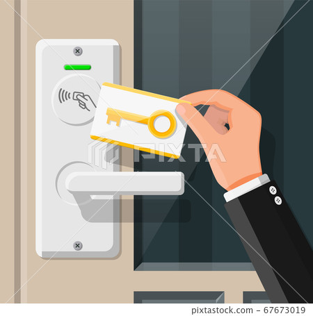 Wireless key card in hand with door handle sensor. - Stock Illustration ...