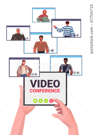 human hands using tablet pc chatting with mix... - Stock Illustration ...