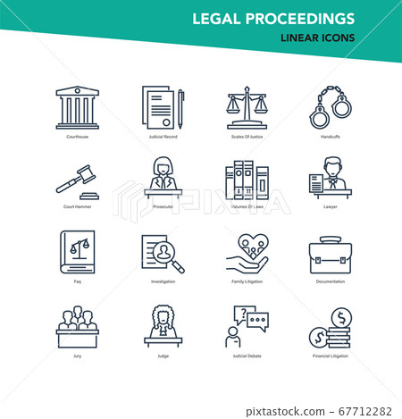 Vector set of line icons of legal proceedings... - Stock Illustration ...