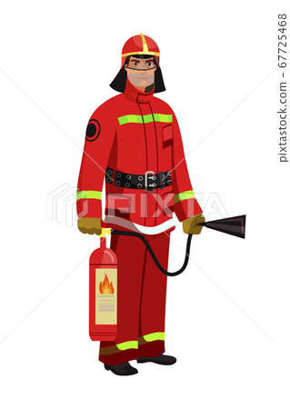 Firefighter in red uniform with fire extinguisher - Stock Illustration ...