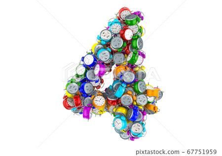 Number 4 from colored alarm clocks, 3D rendering - Stock Illustration ...
