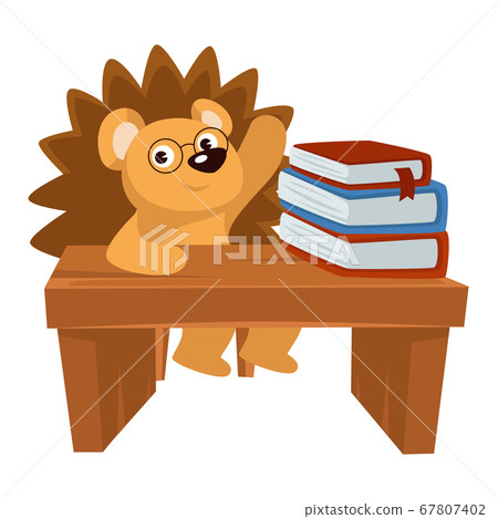 Hedgehog sitting by desk loaded with books in... - Stock Illustration ...