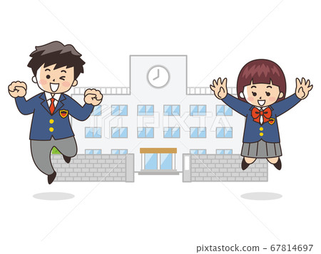 High school students jumping and school building - Stock Illustration ...