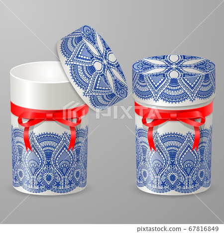 Richly decorated with blue lace pattern round gift - Stock Illustration ...