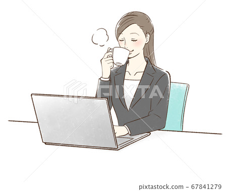 A woman drinking coffee in front of a computer - Stock Illustration ...