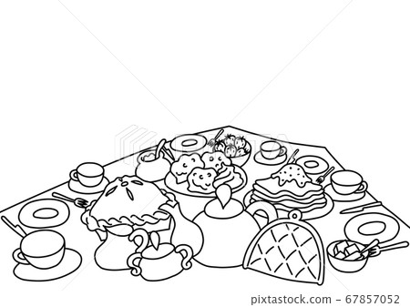 Tea party table set monochrome line drawing - Stock Illustration ...