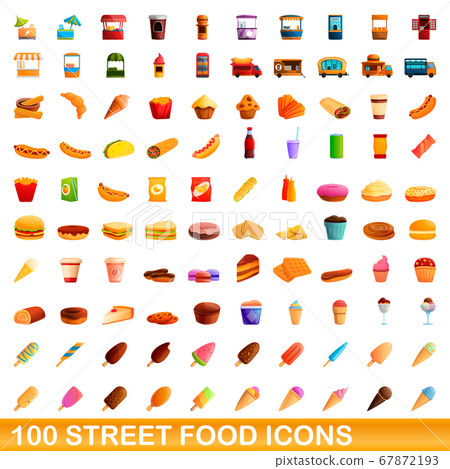 100 street food icons set, cartoon style - Stock Illustration [67872193 ...