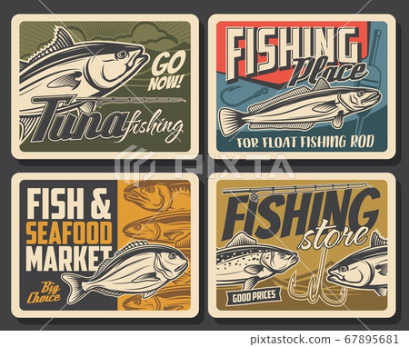 Fishing posters, fish and fisherman rod for tuna - Stock Illustration ...