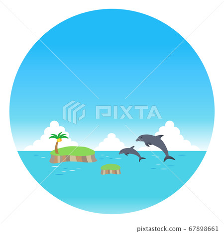 Round frame of jumping dolphins and day sea - Stock Illustration ...