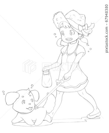 Line drawing of a girl walking a dog (for... - Stock Illustration ...