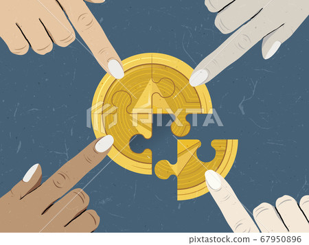 Hands assembling Ethereum coin puzzle,... - Stock Illustration ...
