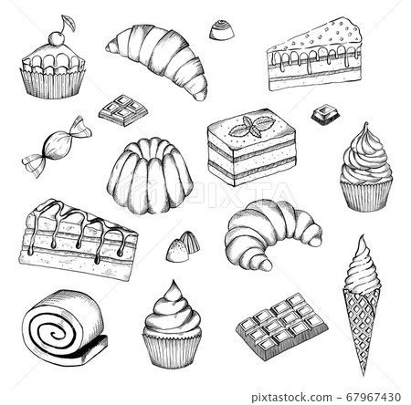 Hand drawn desserts vector set. Desserts bakery... - Stock Illustration ...